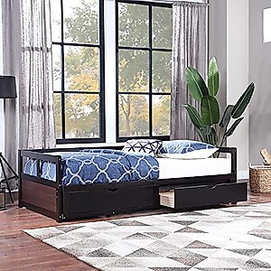 Extendable Daybed with Trundle, Twin to King Bed Frame, Modern Extending Bed with 2 Storage Drawers, Wood Slat Support Sofa Bed for Bedroom Living Room Guest, No Spring Box Needed (Espresso)