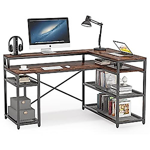 LITTLE TREE L-Shape Computer Desk with Shelves for Home Office,Brown