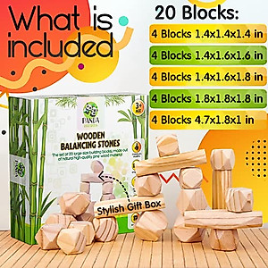 Panda Brothers Wooden Balancing Stones - Montessori Toys for 3 4 5 Year Old Kids and Toddlers Learning Sensory Toy, 20 Large Size Wooden Building Blocks Set of Stacking Stones for Kids Pine Wood Rocks