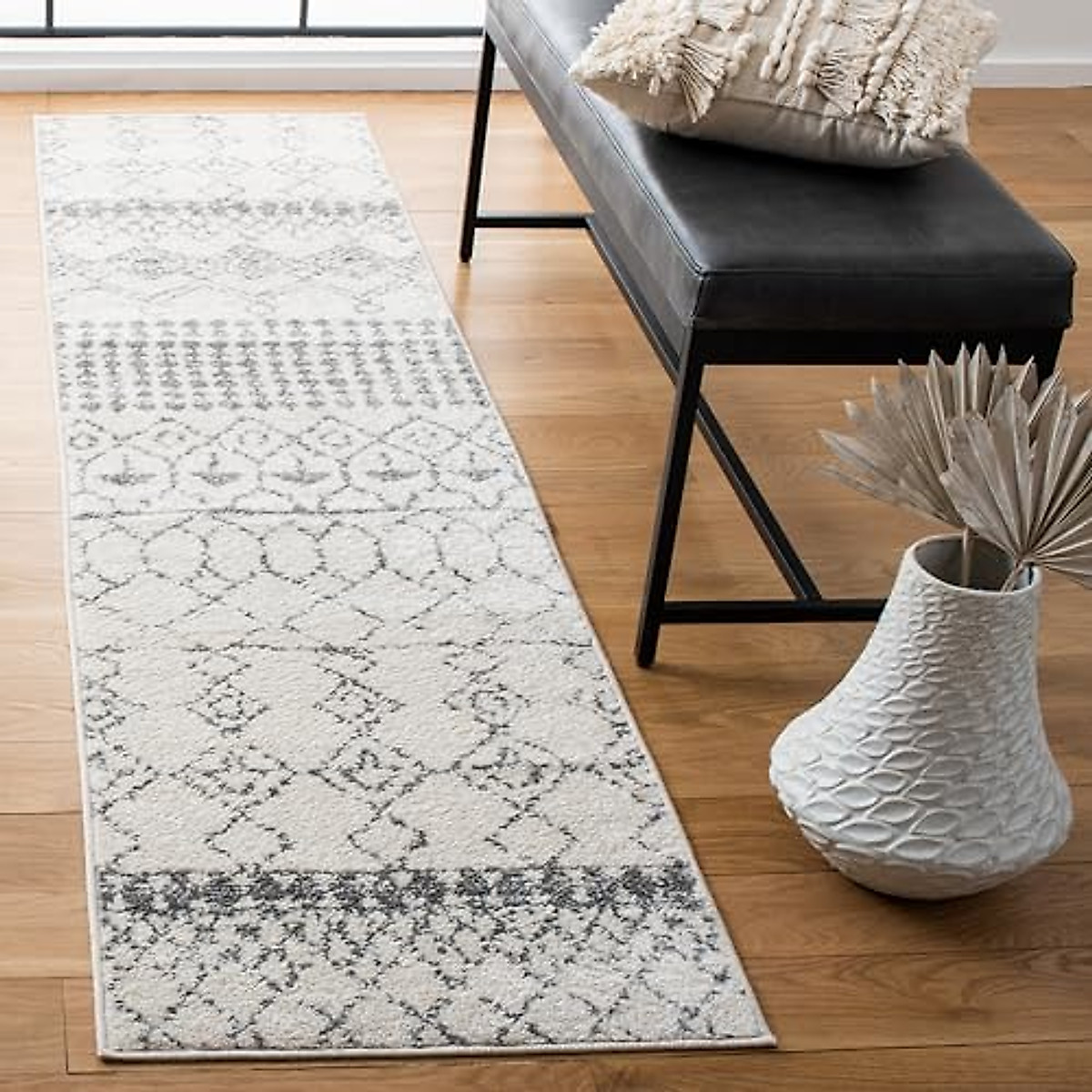 SAFAVIEH Tulum Collection Runner Rug - 2' x 11', Ivory & Grey, Moroccan Boho Distressed Design, Non-Shedding & Easy Care, Ideal for High Traffic Areas in Living Room, Bedroom (TUL229A)