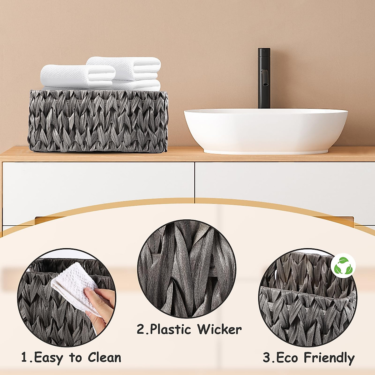XLHOMO Bathroom Wicker Baskets Large for Shelves, Organizing, Waterproof Woven Storage with Handle for Toilet Shelf Baskets, Laundry Room, 3-Pack (Gray, Large)