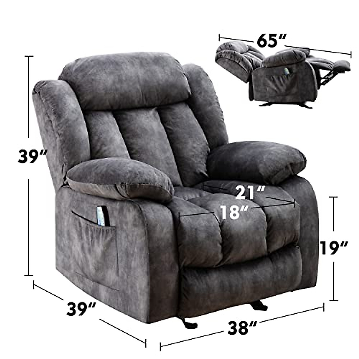 Phoenix Home Rocker Manual Massage and Heat Recliner, Grey