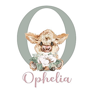 Personalized Watercolor Highland Cow Sage Green and Dusty Rose Rustic Cotton Farmhouse Baby Nursery Unframed Print