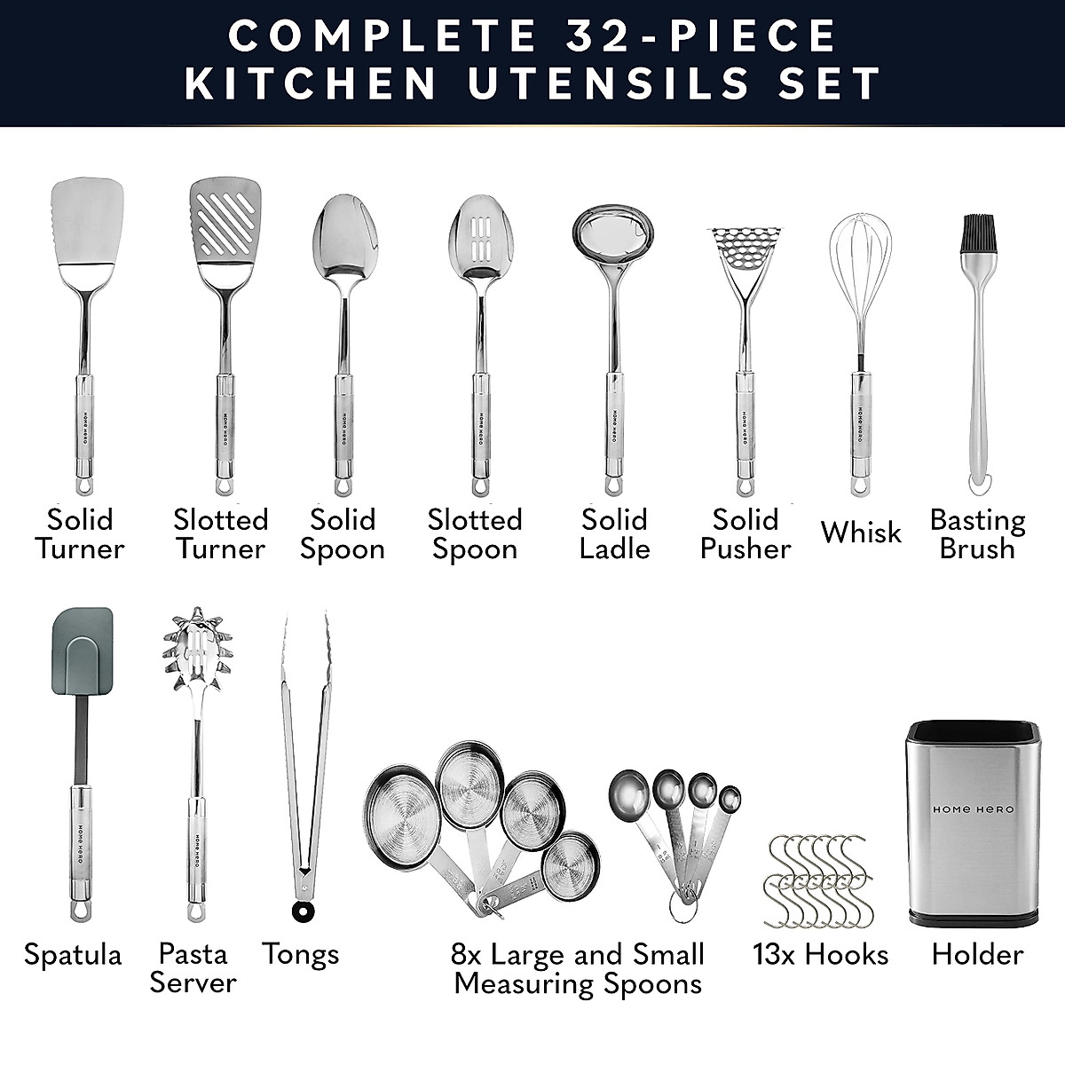 Home Hero 32 Pcs Stainless Steel Kitchen Utensils Set - Nonstick Stainless Steel Cooking Utensils Set - Heat Resistant Kitchen Essentials & Metal Kitchen Gadgets (32 Pcs Set with Utensils Holder)