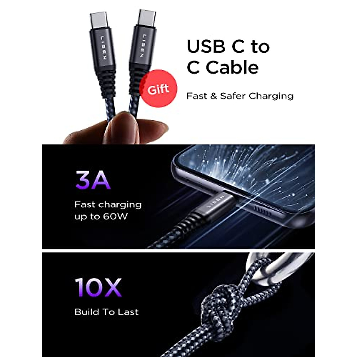 48W USB C Car Charger All Metal Fast USB Car Charger Adapter with 60W 3.3ft Nylon Braided Type C Cable LISEN Compact Cigarette Lighter USB Charger PD&QC3.0 Dual Port for Samsung S22/Pixel/Android/iPad