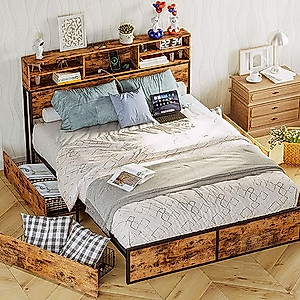 LIKIMIO Queen Bed Frame with Drawers 4 Storage Drawers & Bookcase Headboard & Charging Station, Sturdy and No Noise Platform Bed, No Box Spring Needed, Easy Assembly, Vintage Brown
