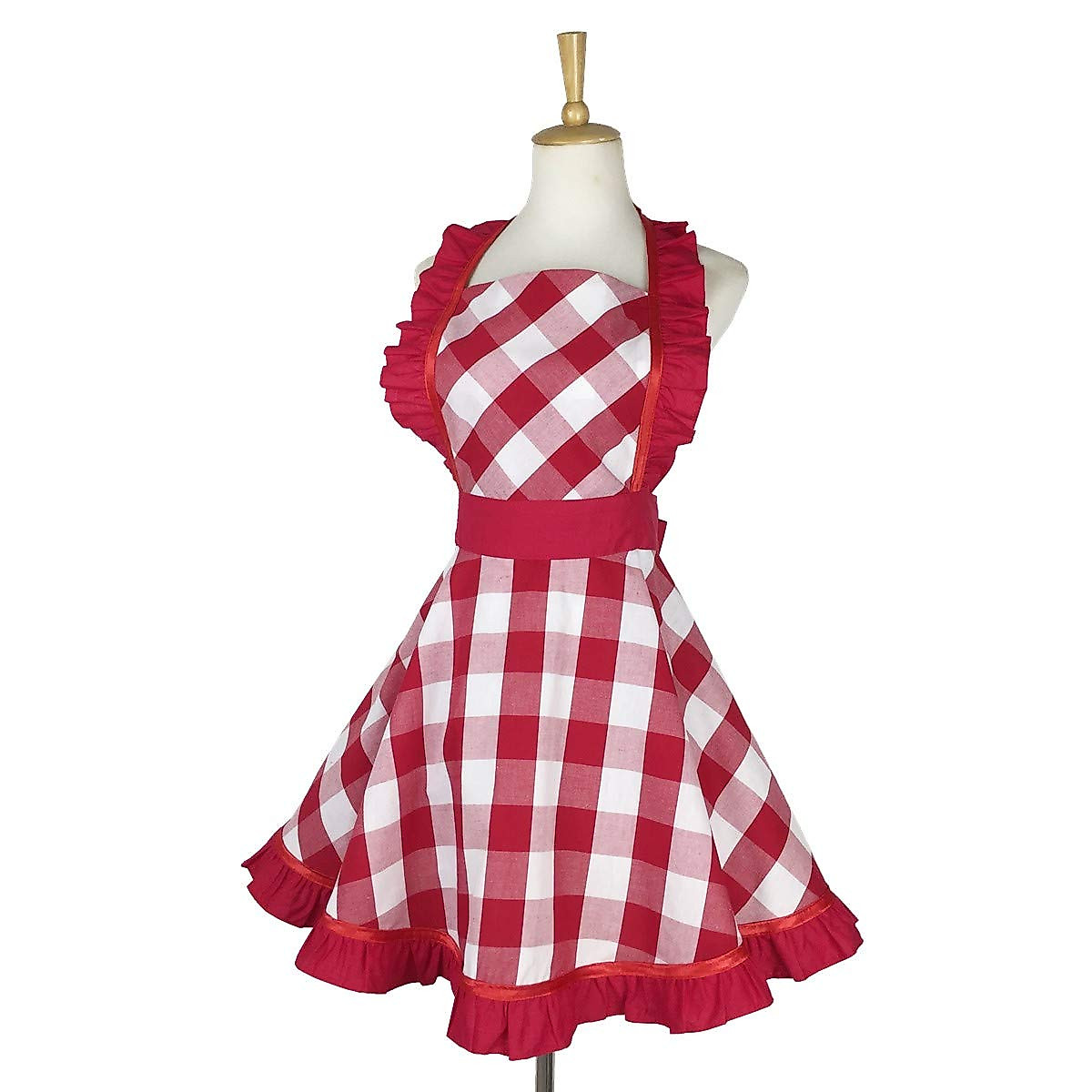 Hyzrz Lovely Retro Aprons for Women with Pocket Cotton Cooking Mother's Day Apron Dress Gift (Red Grid)