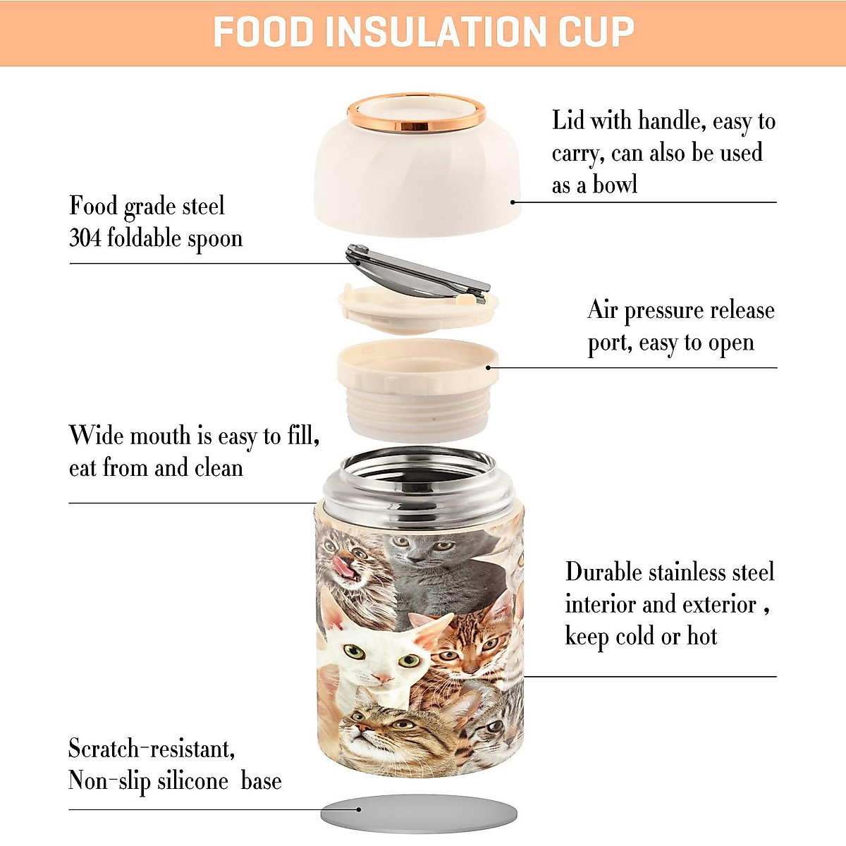 CUPADA Cat Cute Colorful Food Jar, Summer Pets Lovely Insulated Hot Food Jars Vacuum 17OZ with Folding Spoon for Work Trip Picnic Camping