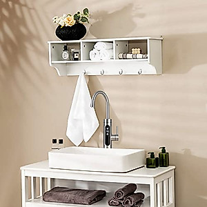 Byroce Wall Mounted Storage Cabinet, Floating Display Cabinet with 4 Dual Hooks and 3 Open Compartments, Hanging Shelf, Wall Cubby Organizer, Perfect for Entryway, Hallway, Living Room (White)