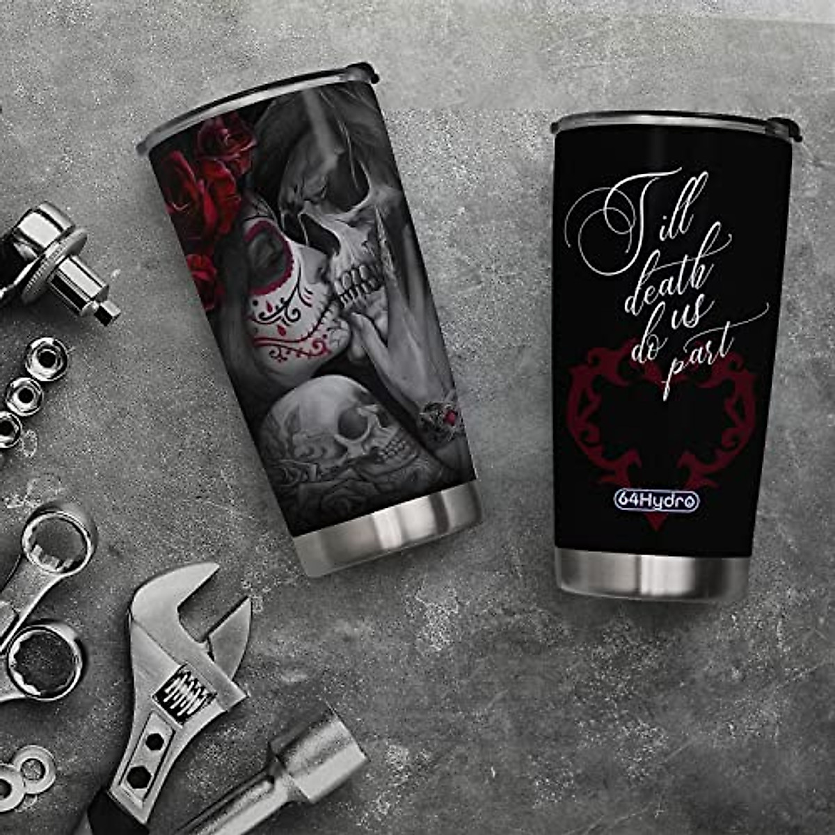 64HYDRO 20oz Couples Gifts for Husband and Wife, Cool Gifts for Couple, Valentines Day Gifts for Him, Her, Goth Gifts Gothic Gifts Tattoo Skull Couple Tumbler Cup, Insulated Travel Coffee Mug with Lid