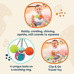 B. toys- B. baby- Sensory Baby Rattle – Baby Toy – 4 Balls & Clip – Colors, Textures & Sounds – Sounds So Squeezy- 3 Months +