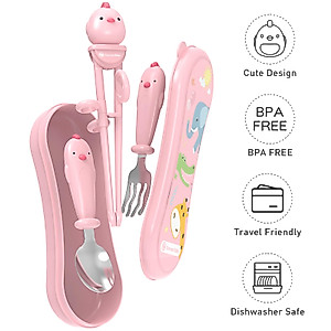 GORYEO BABY Toddler Utensils Stainless Steel Kids Silverware Set with Kids Spoons and Forks Set and Kids Chopsticks for Self Feeding Learning with Portable Case