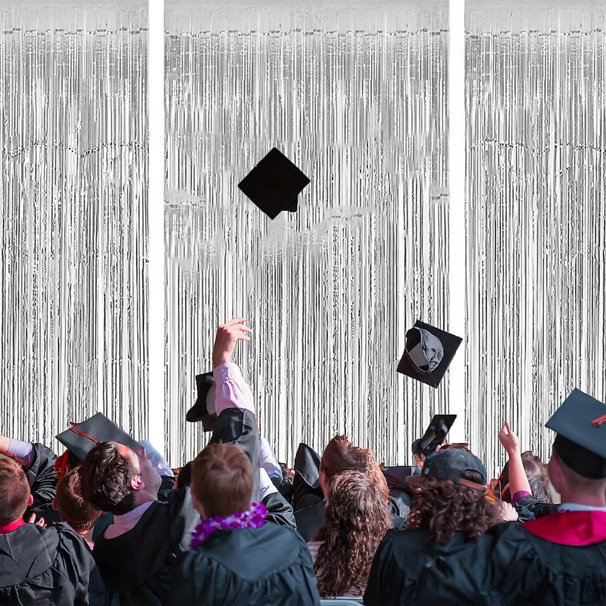 ALFROTEY 4Pcs Silver Foil Tassel Photo Photography Backdrop Event Decoration Curtains for Birthday Wedding Bachelorette Christmas Festival Graduation Celebration Party Decoration (Silver, 3FT*6FT)