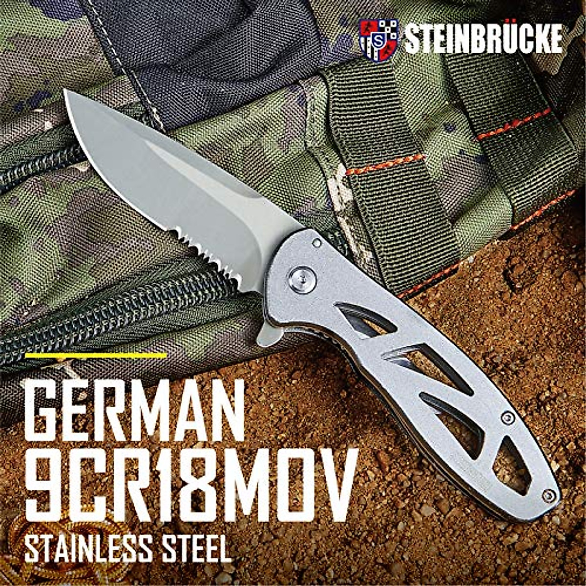 Motovecor Steinbrucke Pocket knife with 3.1”- EDCFolding Knife 9Cr18Mov High Performance Stainless Steel Partially Serrated Blade with Reversible Clip,3.3Oz Titanium coated 60-61 HRC