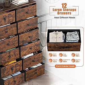 EnHomee Tall Dressers for Bedroom, 12 Drawer Dresser with Wooden Top and Metal Frame, Fabric Dresser & Chest of Drawers for Bedroom Closet Living Room, Rustic Brown, 11.8" D x 34.7" W x 52.4" H