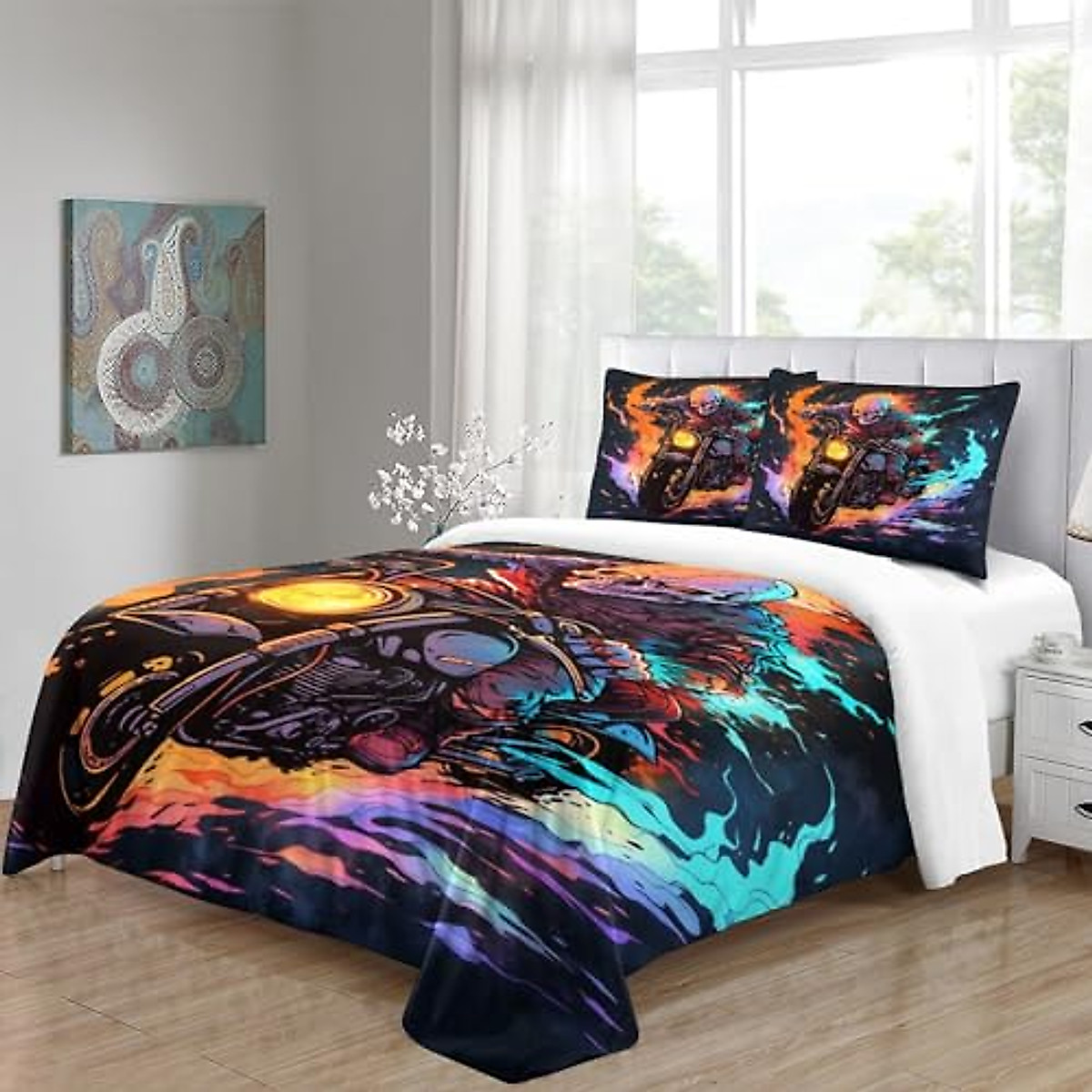 Skeleton Rider Bedding Set Duvet Cover 3D Printed Motorbike Skull Quilt Cover Comforter Covers Microfiber with Pillowcases 3 Pieces for Childrens and Adults with Zipper Closure Twin（173x218cm）