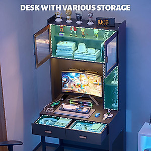 Vlsrka LED Home Office Desk with Hutch, 31.5 Inch Modern Computer Desk with Power Outlet, Wooden Bush Study Desk with Storage Drawers & Shelves (Matte Black)