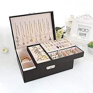 MRMOSY Jewelry Box for Women Girls Jewelry Organizer Storage Case 2 Layer PU Leather Display with Removable Tray and Lock for Necklace Earrings Rings Bracelets, Girlfriend Wife Ideal Gift