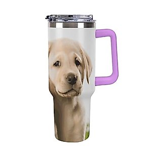 LLUTSNTH 40 Oz Vacuum Tumbler with Violet Handle Leakproof Insulated Tumbler Funny Labrador Puppy Dog Stainless Steel Travel Mug with Lid And Straw Coffee Cup Cute Water Bottles Cup Holder Friendly