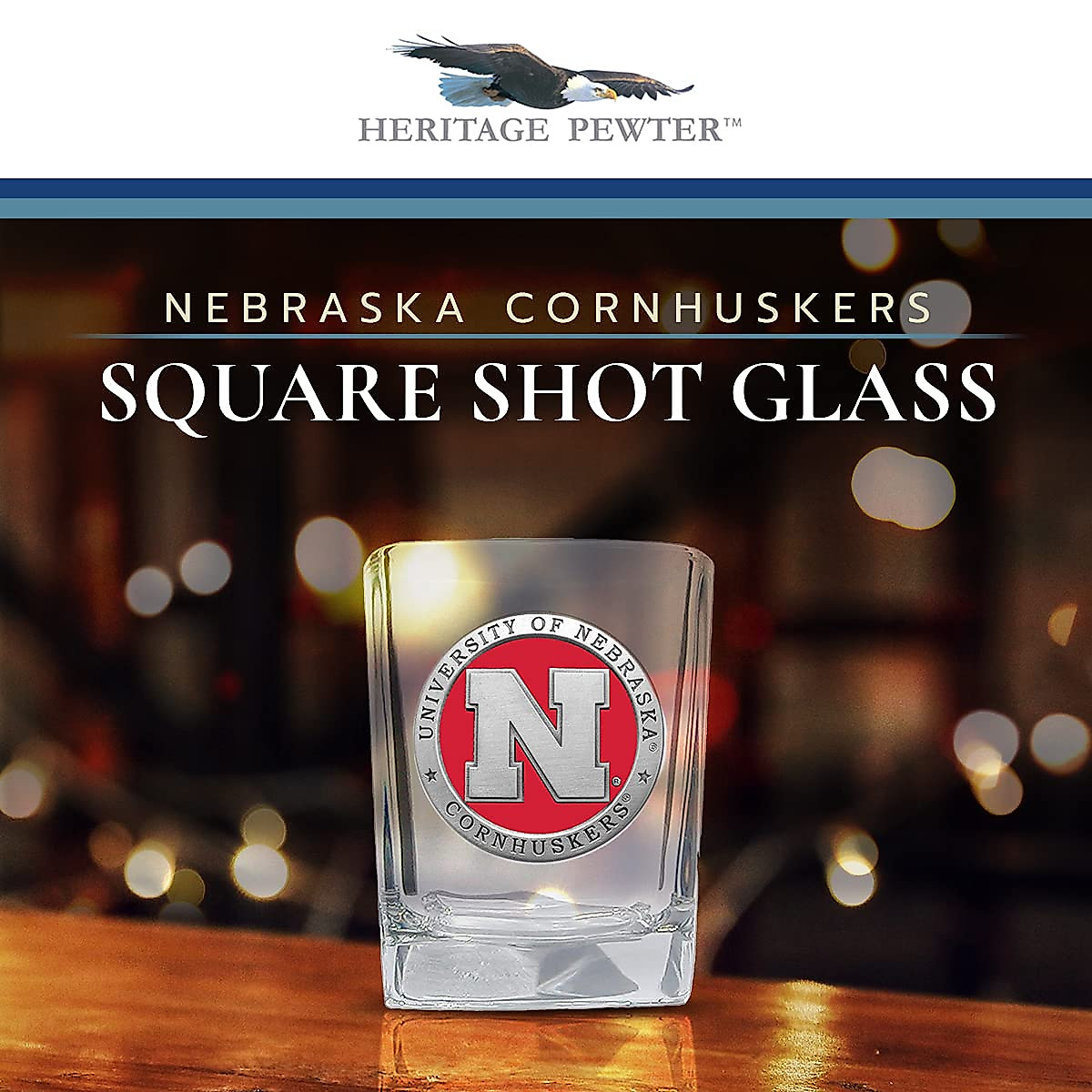 Heritage Pewter Nebraska Square Shot Glass | Hand-Sculpted 1.5 Ounce Shot Glass | Intricately Crafted Metal Pewter Alma Mater Inlay