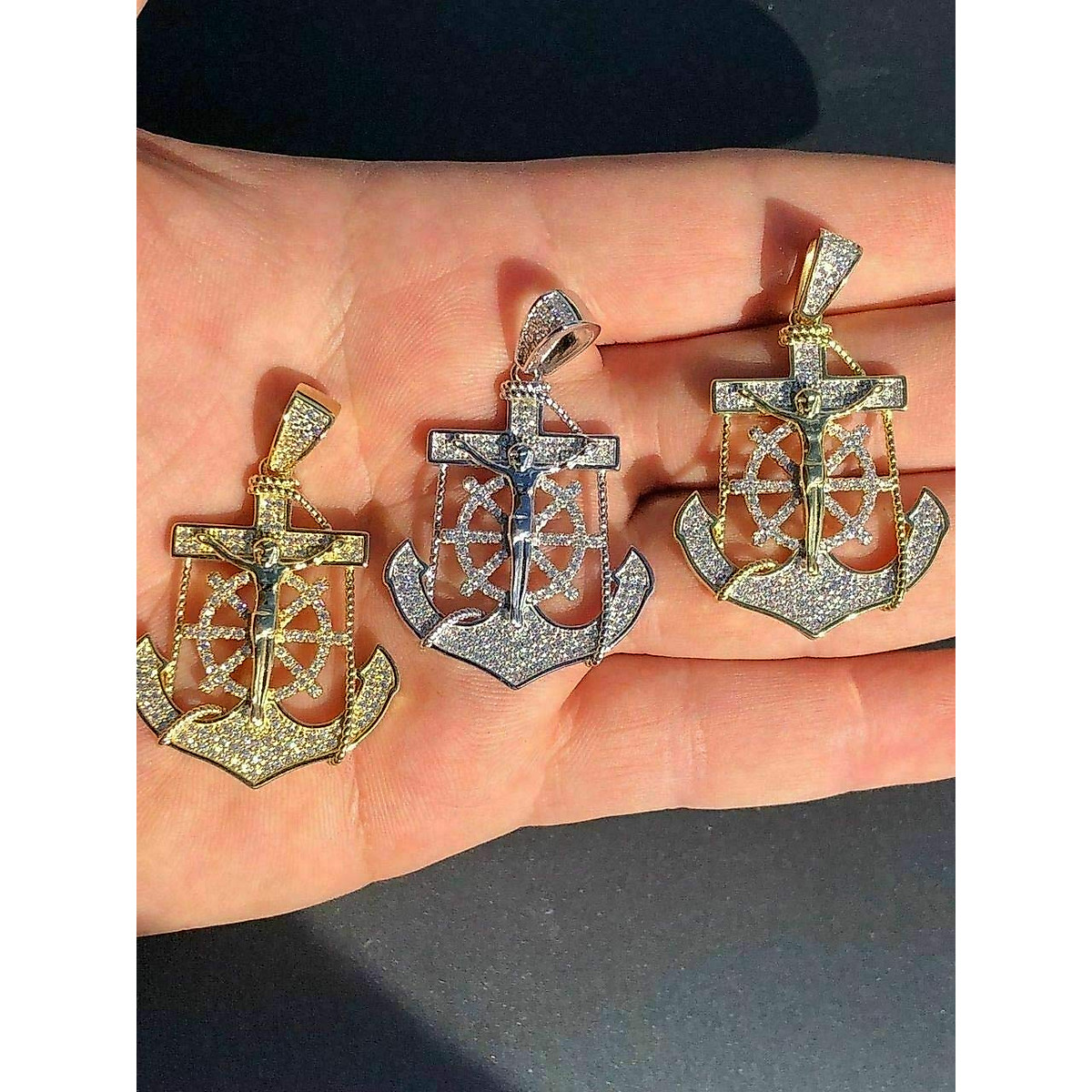 HarlemBling Solid 925 Sterling Silver -Jesus On Anchor Cross Pendant - Hip Hop Iced - Natural Silver Or Two Tone Gold Finish (Two Tone)