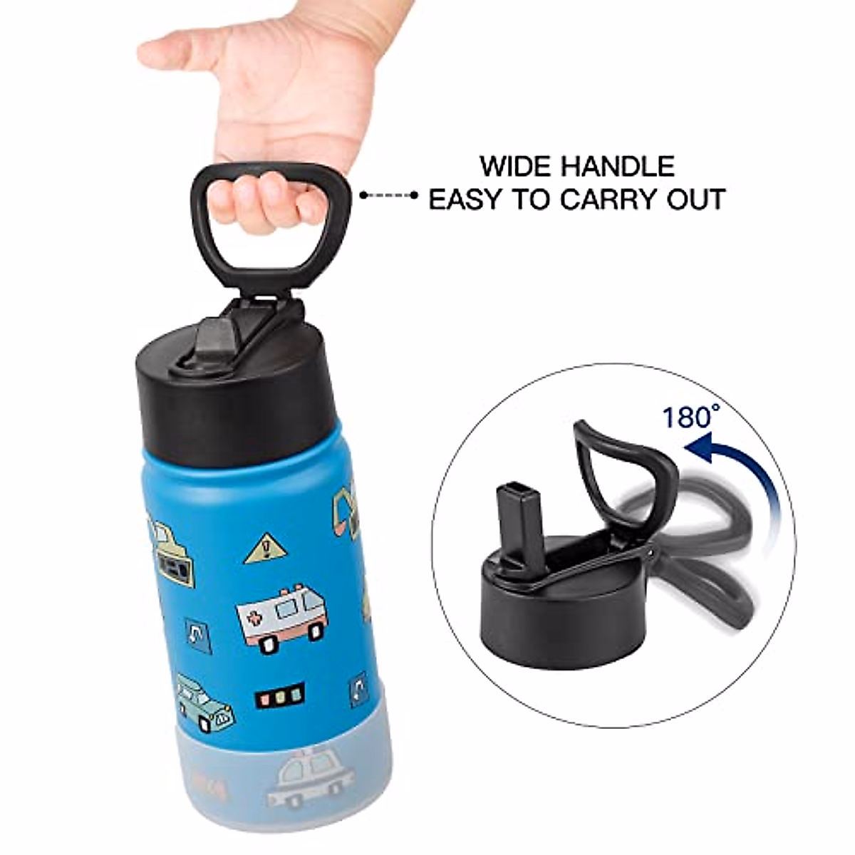 SEMOZOZO Water Bottle with Straw, Kids Water Bottle with Wide Rotating Handle Straw Lid, Wide Mouth Vacuum Insulated Stainless Steel Water Bottle for school ，The blue car