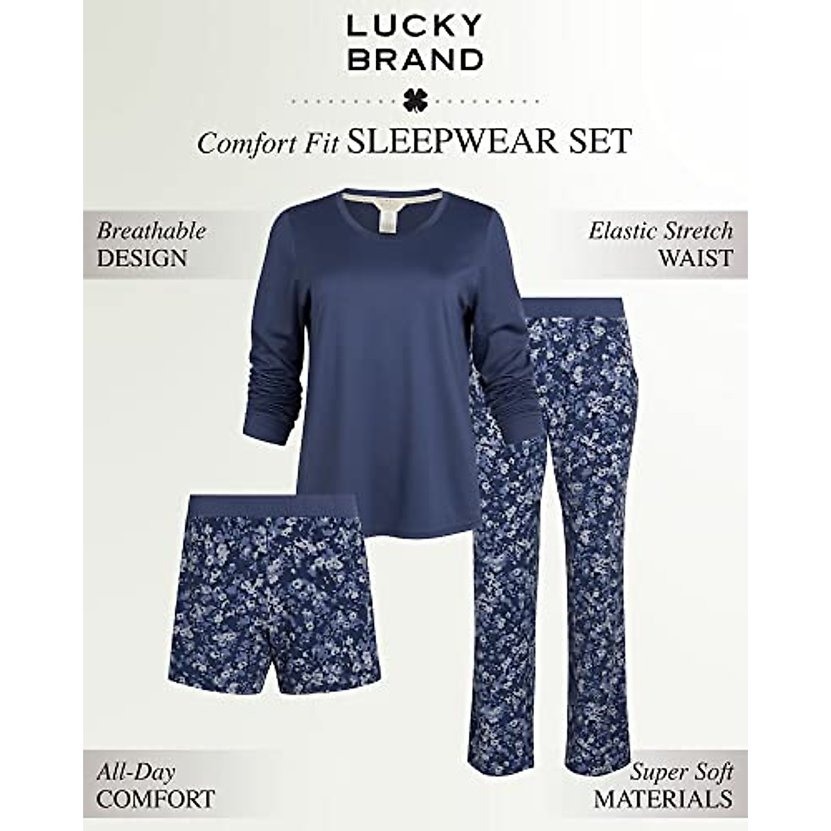 Lucky Brand Women's Pajama Set - 3 Piece Long Sleeve Night Shirt, Sleep Pants, Lounge Shorts (S-XL), Size X-Large, Denim Blue