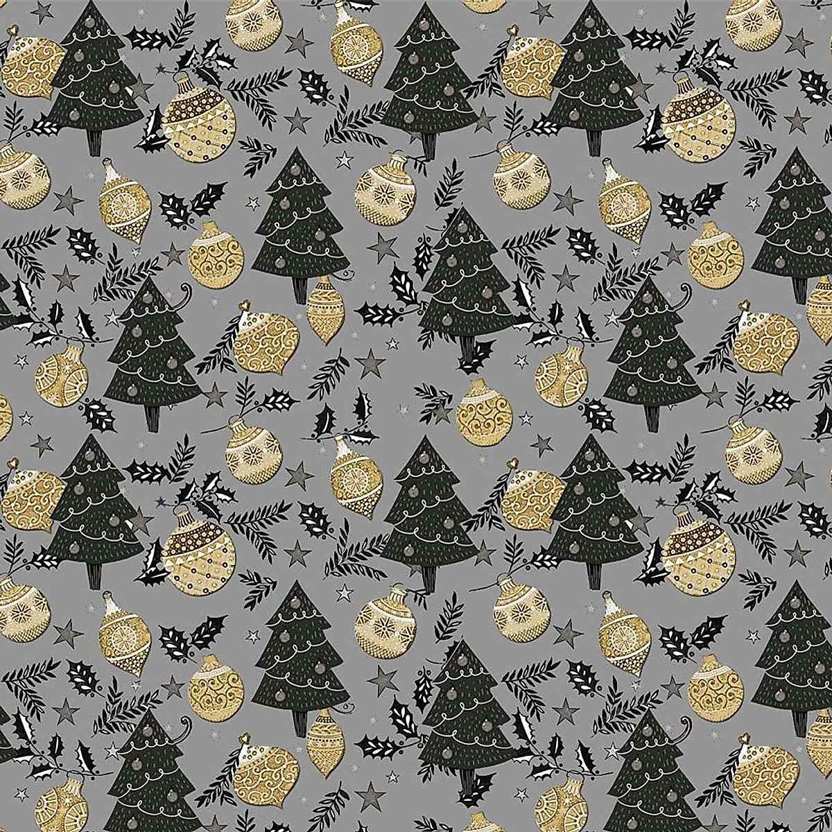 Golden Christmas (Grey) Design 100% Cotton Quilting Fabric by The Yard (Grey, Black, Gold, White)
