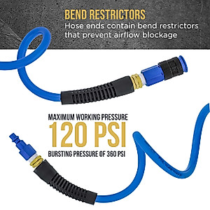 Master Elite Series 1/4" x 25' Polyurethane Recoil Air Hose with Bend Restrictors and 1/4" NPT Male Fitting Ends - Universal Aluminum Quick Coupler, I/M Industrial Plug - Attach Compressors, Air Tools