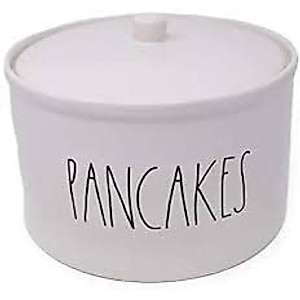 Rae Dunn By Magenta PANCAKES White Glossy Ceramic LL Pancake Flapjack Warmer Holder With Lid