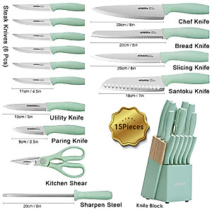AOKEDA 15pcs Kitchen Knife Set with Block, Sharpener and Scissor, Stainless Steel Knives with Extre-light Straw Handle (Mint Green)