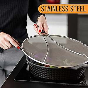 U.S. Kitchen Supply 13", 11.5", 9.5" Stainless Steel Fine Mesh Splatter Screen with Resting Feet Set, Black Handles