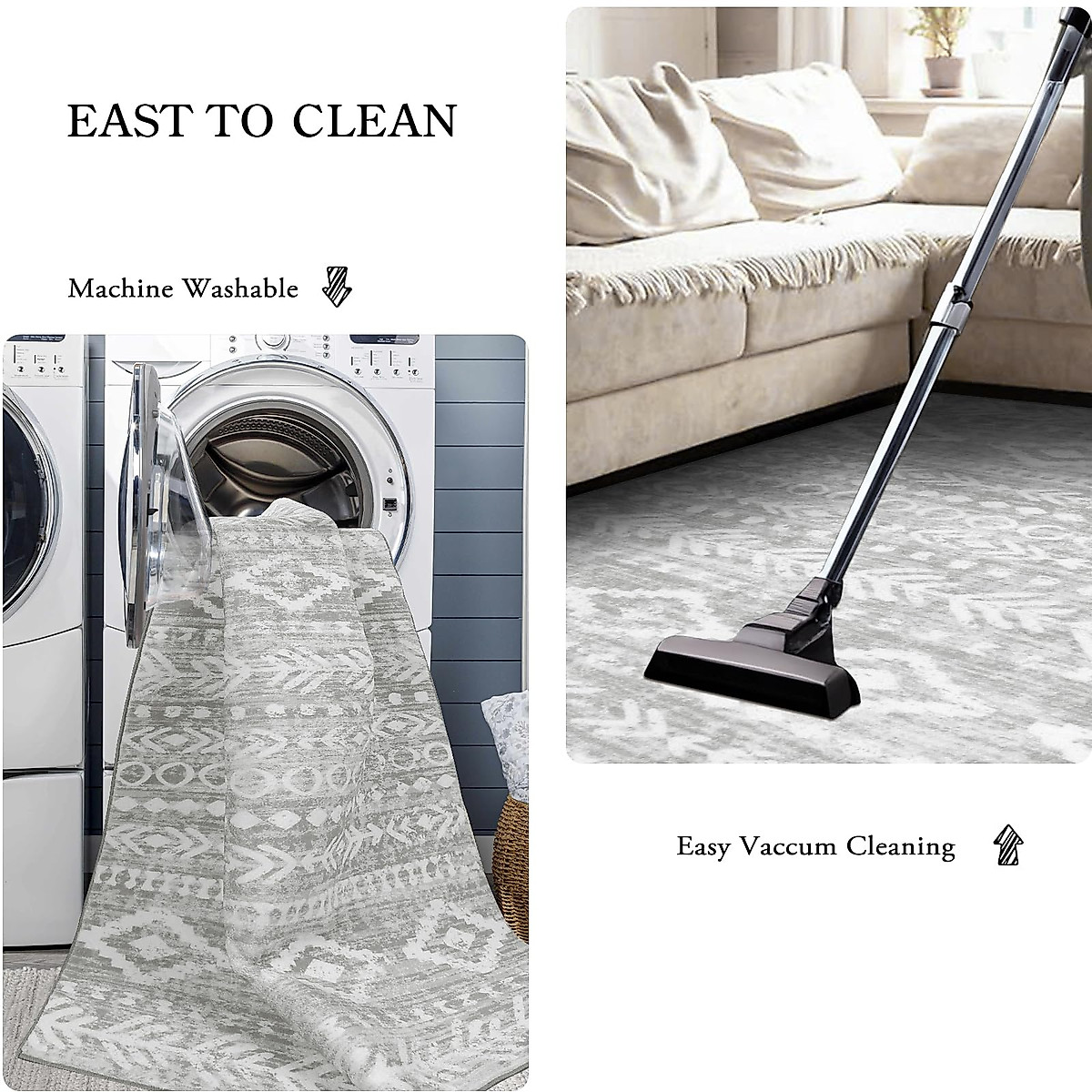 Lahome Boho Moroccan Area Rugs 5x7, Washable Grey Rugs for Bedroom Non-Slip, Low-Pile Soft Tribal Print Living Room Rug, Non-Shed Neutral Geometric Indoor Carpet for Office Playroom Dining Room