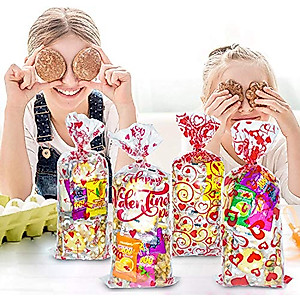 JOZON 200 Pieces Valentine's Day Cellophane Candy Bags with Twist Ties 4 Styles Valentines Day Cellophane Treat Bags Cello Candy Bags Cookie Bags Goodie Bags for Valentines Party Favor Supplies