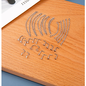 Masedy 20G Stainless Steel Nose Ring Stud Nose Ring Chain Piercing Across Double Nose Stud Heart Ball CZ Nose Studs Nostril Piercing Jewelry SL