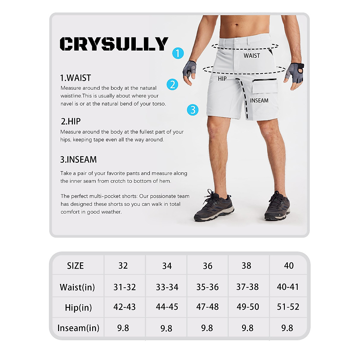 CRYSULLY Mens Summer Outdoor Shorts Lightweight Quick Dry Cargo Casual Hiking Shorts with 5 Zipper Pockets White 34