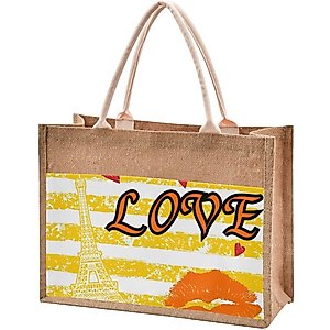 Jute Burlap Tote Valentine's Day Birthday Love Lip Striped Eiffel Tower Yellow Large Beach Bag Reusable Grocery Shopping Storage Bag