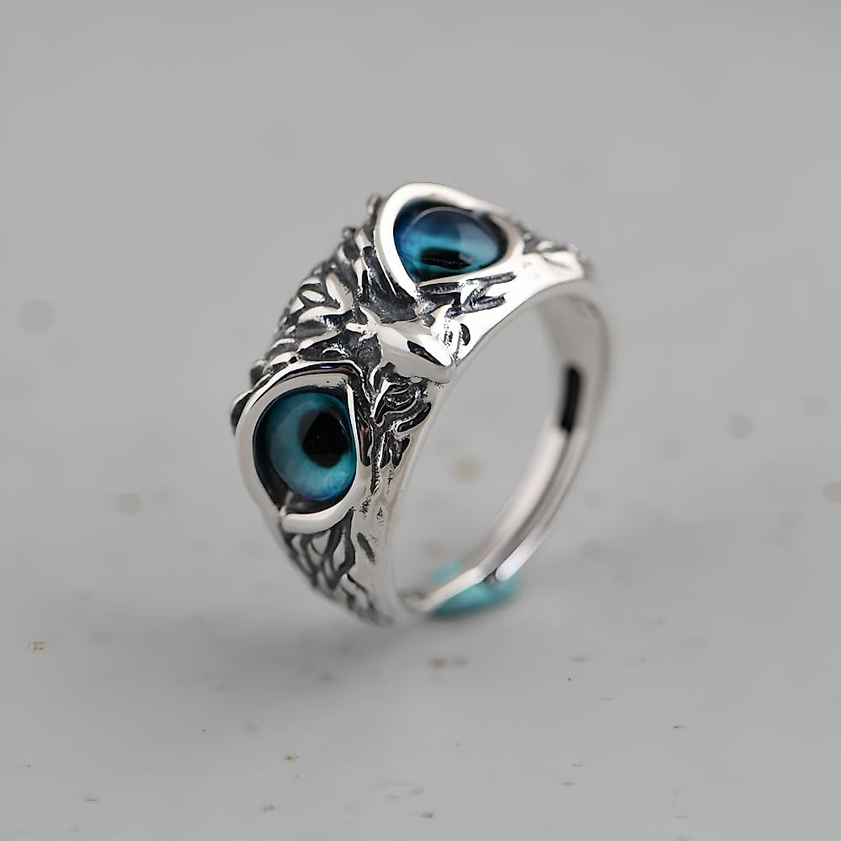 Retro 925 Sterling Silver Night Owl Head Ring with Blue Eyes for Men Women Open Adjustable