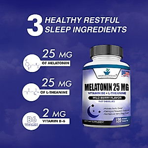 Melatonin 25mg Per One Tablet, 120 Chewable Tablet with L-Theanine & Vitamin B-6, Supports Healthy Sleep Cycle , Promotes Calming & Restful Sleep, Vegan, NON GMO, Made In USA