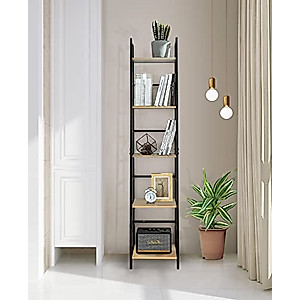 Pshelfy Bookshelf, 5-Tier Narrow Ladder Shelf Bookcase with Metal Frame, Freestanding Corner Rack Shelves for Small Spaces Display Storage Organizer Tall Skinny Shelf for Bedroom Living Room Kitchen