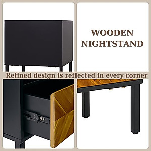 Bme Vivian Solid Wood Nightstand, End Table, Bedside Table with Herringbone Pattern for Rustic Bedroom, Easy Assembly, Rustic Golden Brown and Black