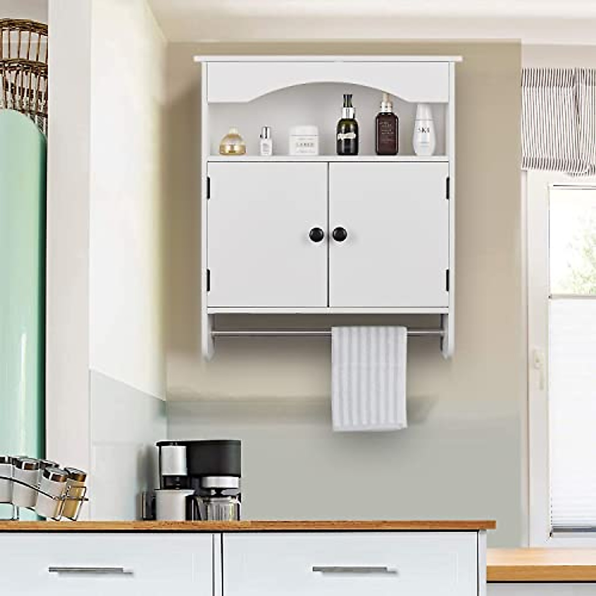 Los muebles White Bathroom Wall Cabinet,Medicine Cabinet with 2 Door Over The Toilet Storage Cabinet Hanging Cabinet with Towels Bar Wall Cabinet for Bathroom Laundry Room Kitchen (White)