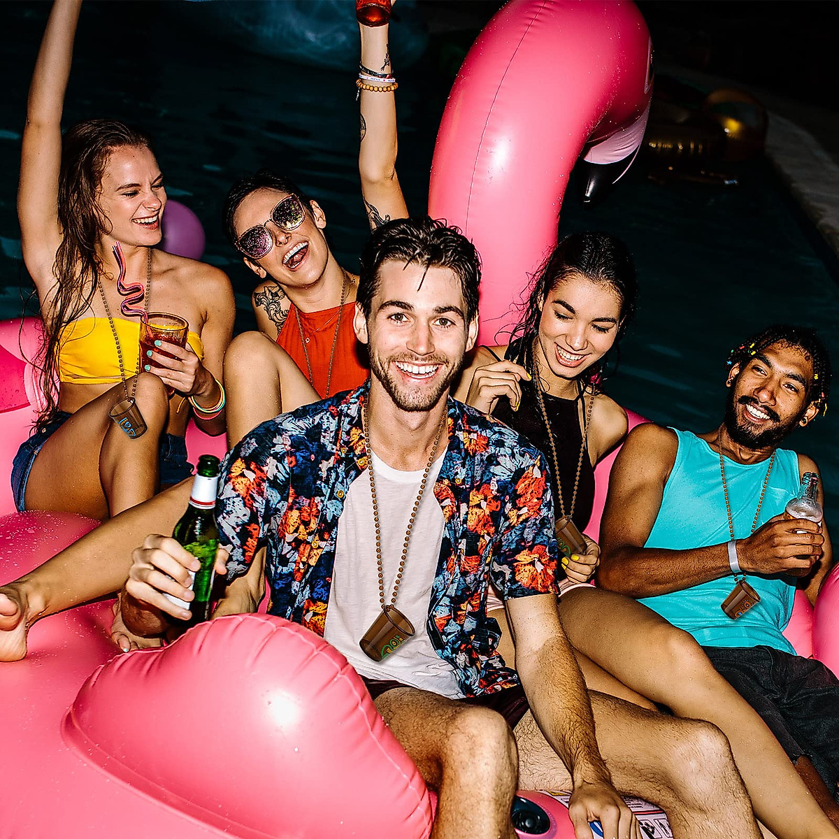 Janmercy 12 Pcs Tiki Shot Glasses on Beaded Necklace Hawaiian Plastic Shot Glass Necklaces Brown Funny Tiki Shot Necklace Cups for Summer Hawaiian Adult Teen Bachelorette Birthday Party Favor, 6 Style