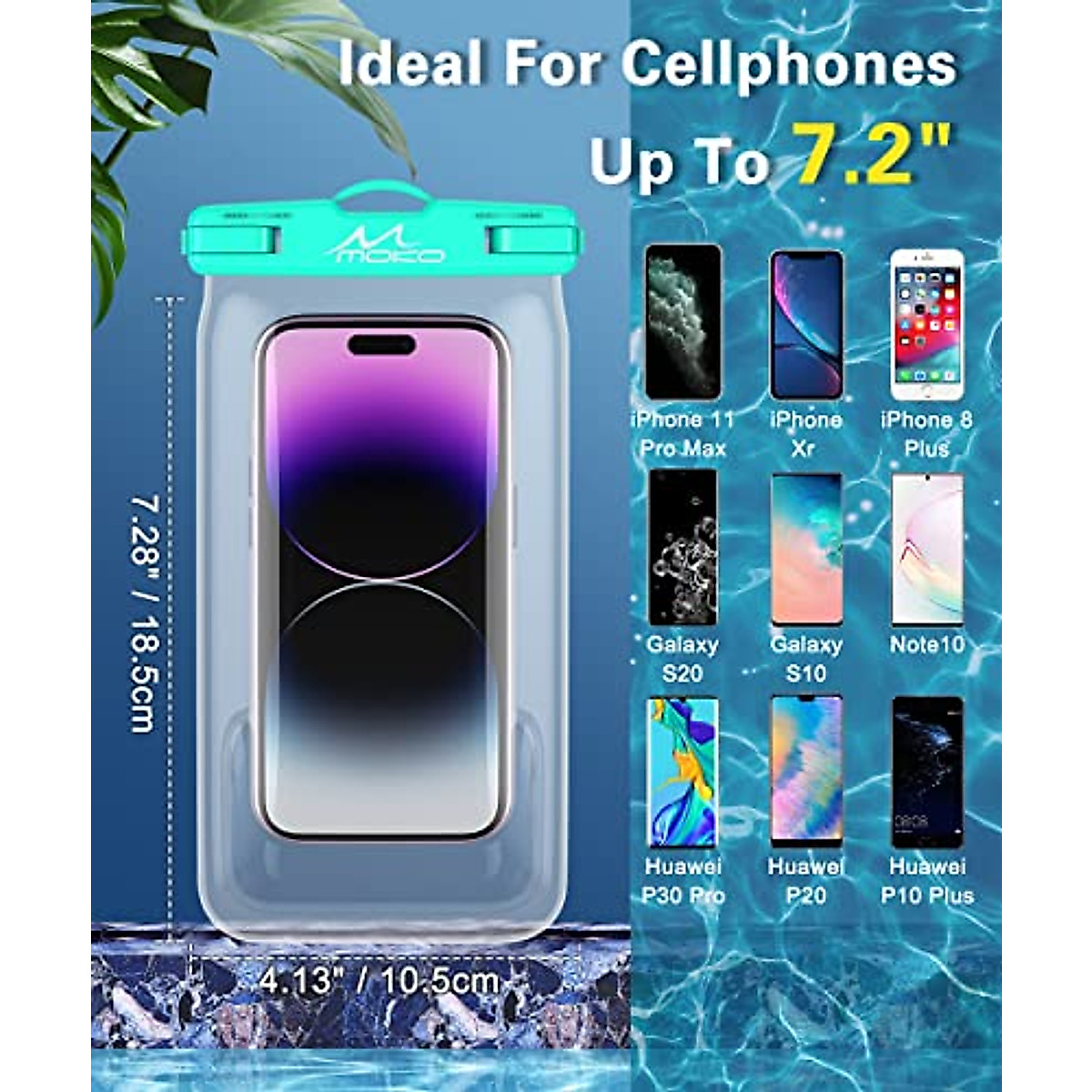 MoKo Floating Waterproof Phone Pouch [2 Pack], Floatable Phone Case Dry Bag with Lanyard Compatible withiPhone 14 13 12 11 Pro Max X/Xr/Xs, SE 3, Samsung S21/S20/S10/S9/S8, Sky Blue+Mint Green