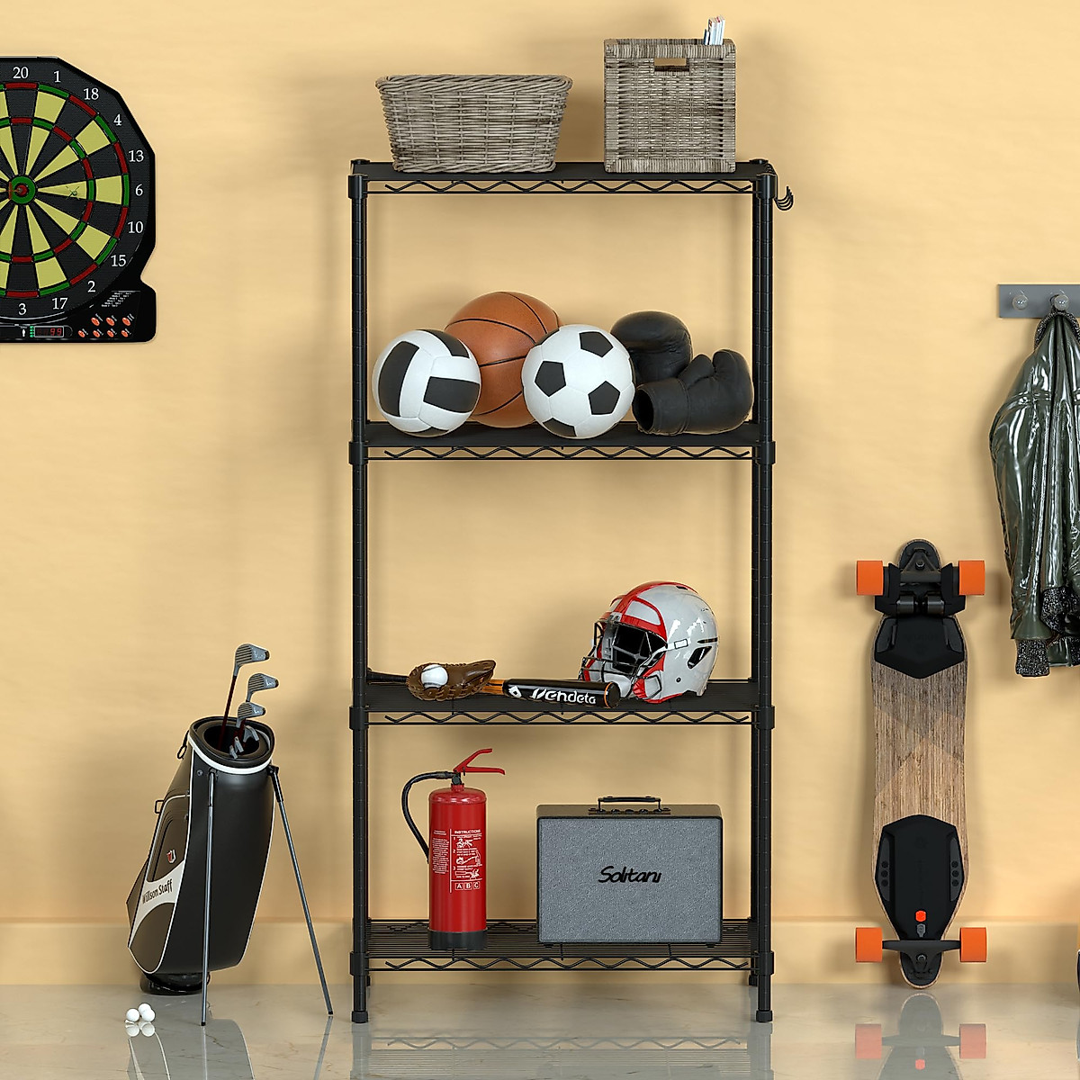 WORKPRO Storage Shelves, 4 Tier Metal Shelving Unit, Garage Wire Rack, Standing Adjustable Shelves with Hooks for Pantry Closet Kitchen Basement 24" W x 14" D x 48" H, 600 lbs Total Capacity