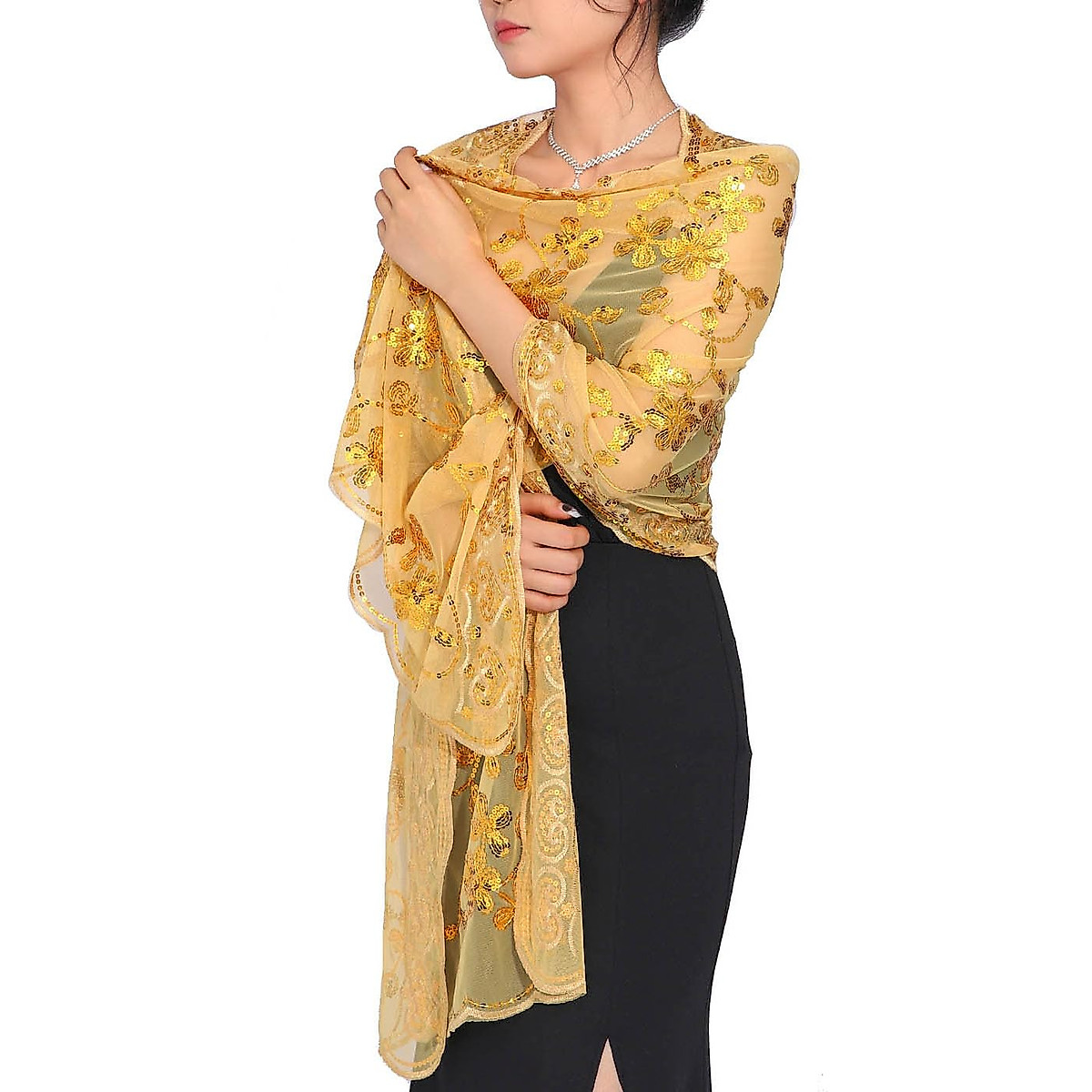 EASEDAILY Women's 1920s Shawls and Wraps for Evening Party Dress Sparkling Sequin Deco Wedding Scarf for Bride