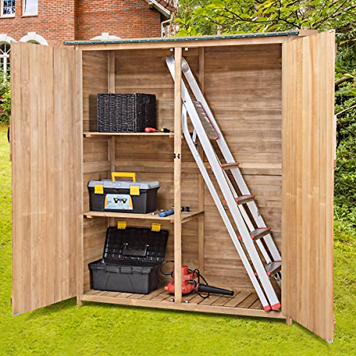 Goplus Outdoor Storage Cabinet, Wooden Garden Shed with Double Lockable Doors & Lean-to Roof, Vertical Tool Organizer for Backyard Patio Deck