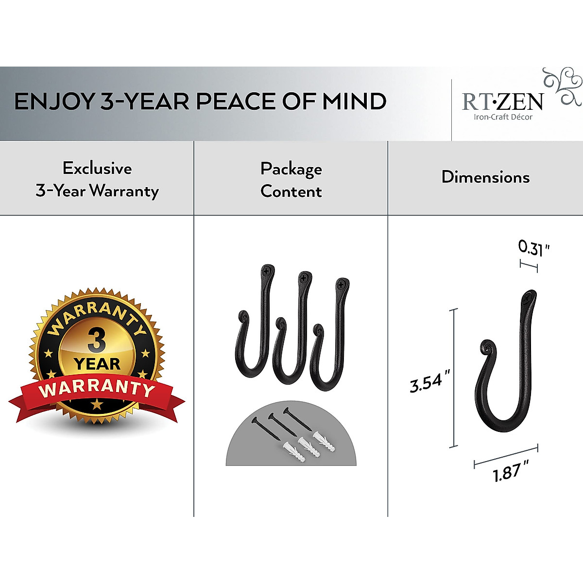 RTZEN Wall Mount J Hook - Wrought Iron Decorative Wall Hooks for Hanging Things - Handcrafted Classic Wall Mounted Black Coat Hooks - Farmhouse Towel Hooks Robe Hooks or Hat Hooks - 3 Pack