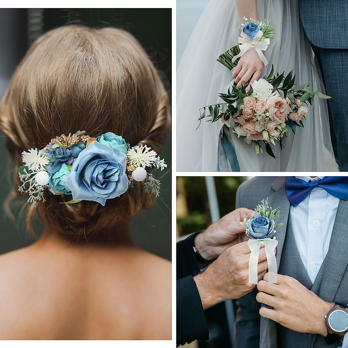 Footfox Blue Rose Corsage and Boutonniere Set with Bridal Hair Comb, Corsages for Wedding