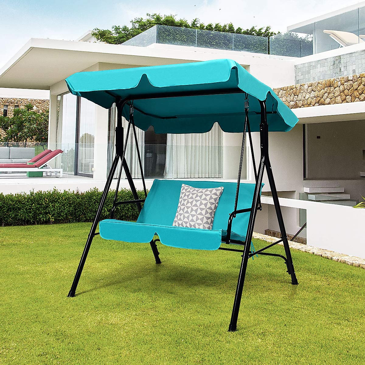 Tangkula 2 Person Porch Swing, Outdoor Swing with Removable Cushions, Solid Steel Structure, Patio Swing with Adjustable Canopy for Porch, Backyard, Garden, Balcony Turquoise